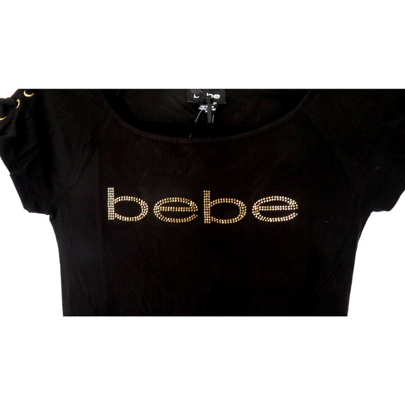 bebe | Tops | Nwt Black Bebe Womens Sz Xl W Gold Rhinestone Logo Shirt ...